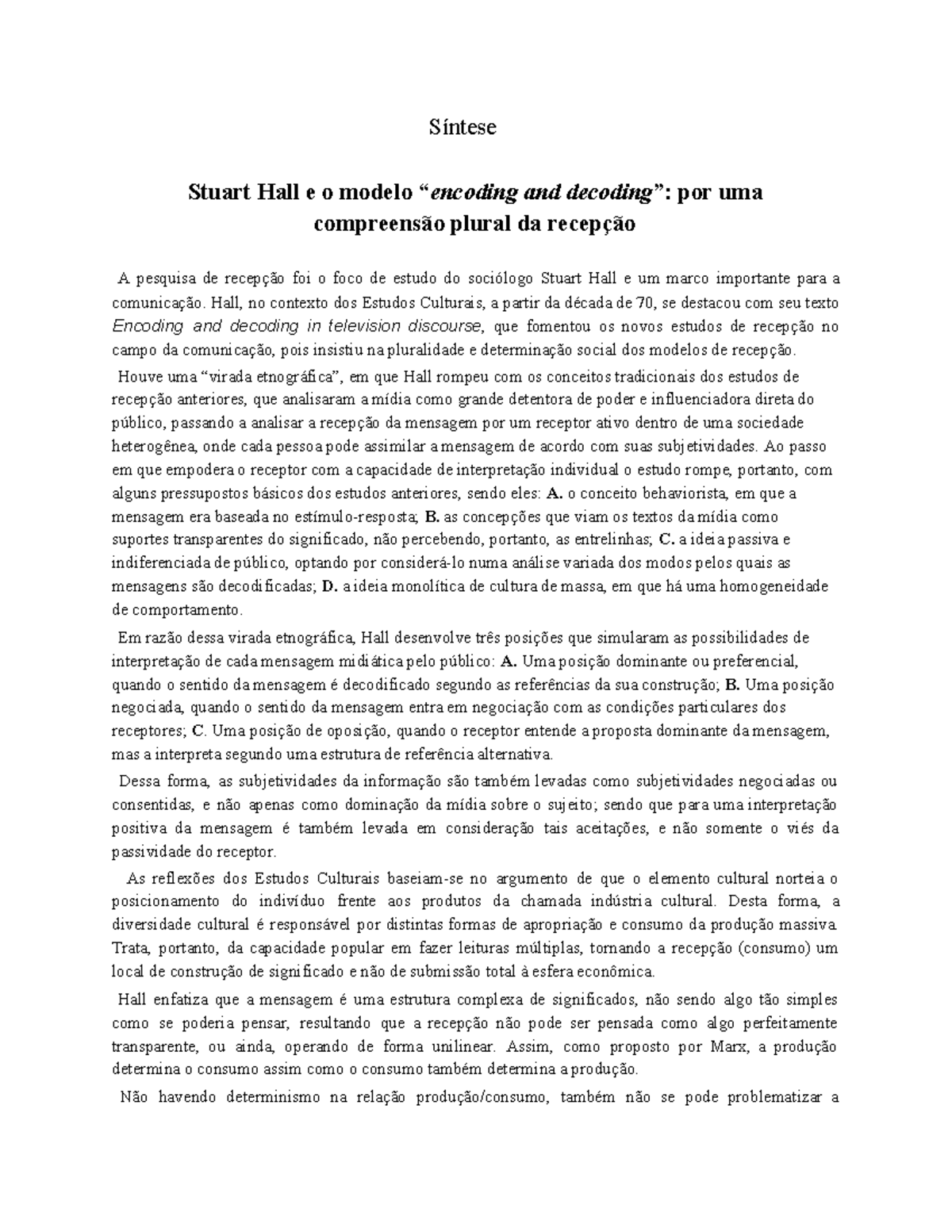 Síntese Artigo Stuart HALL Modelo Encoding AND Decoding - Síntese ...
