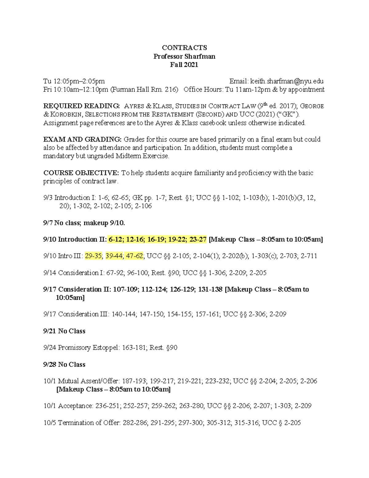 Contracts syllabus nyu fall 2021 - CONTRACTS Professor Sharfman Fall ...