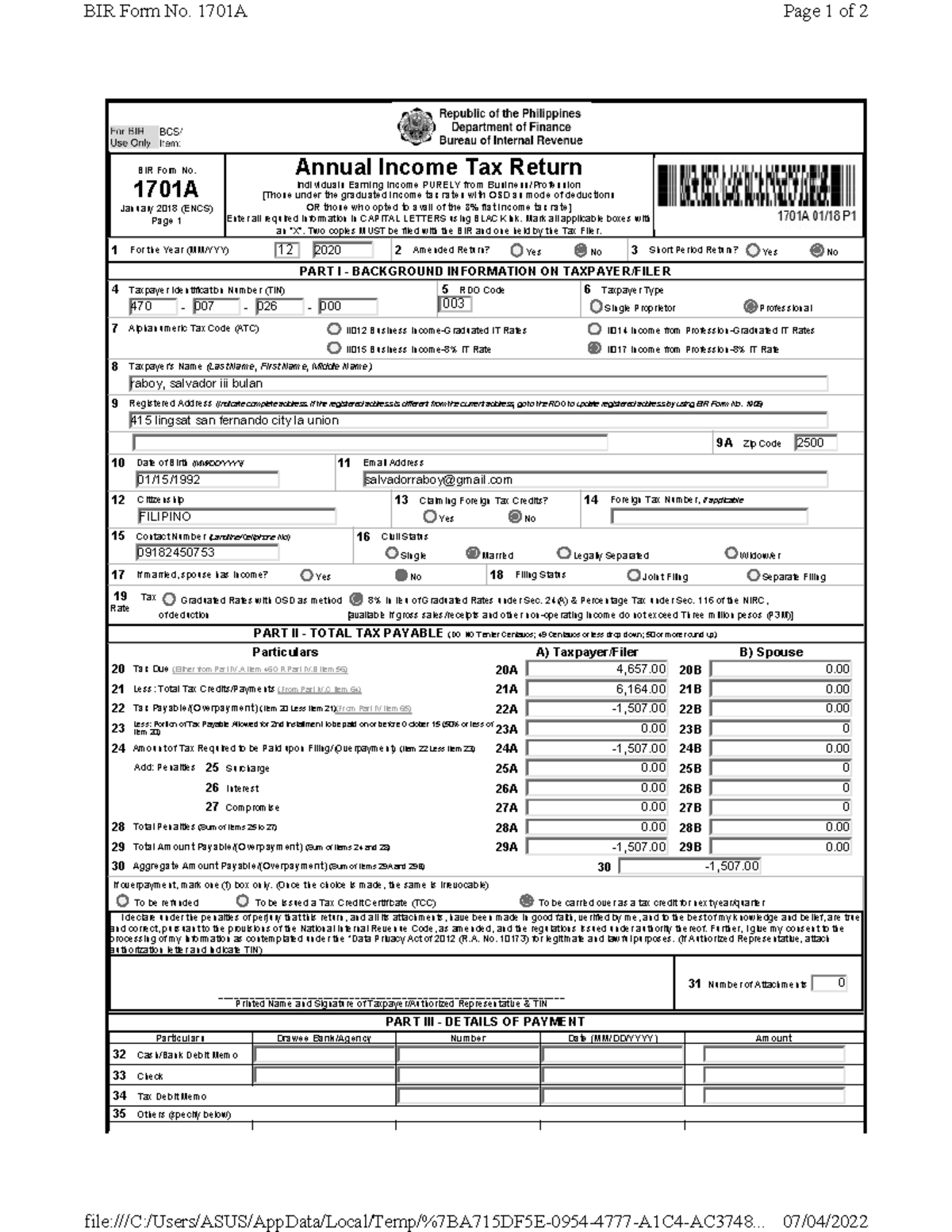 Page 1 - IMPORTANTS OF BEING CREATIVE - BIR Form No. 1701A January 2018 ...