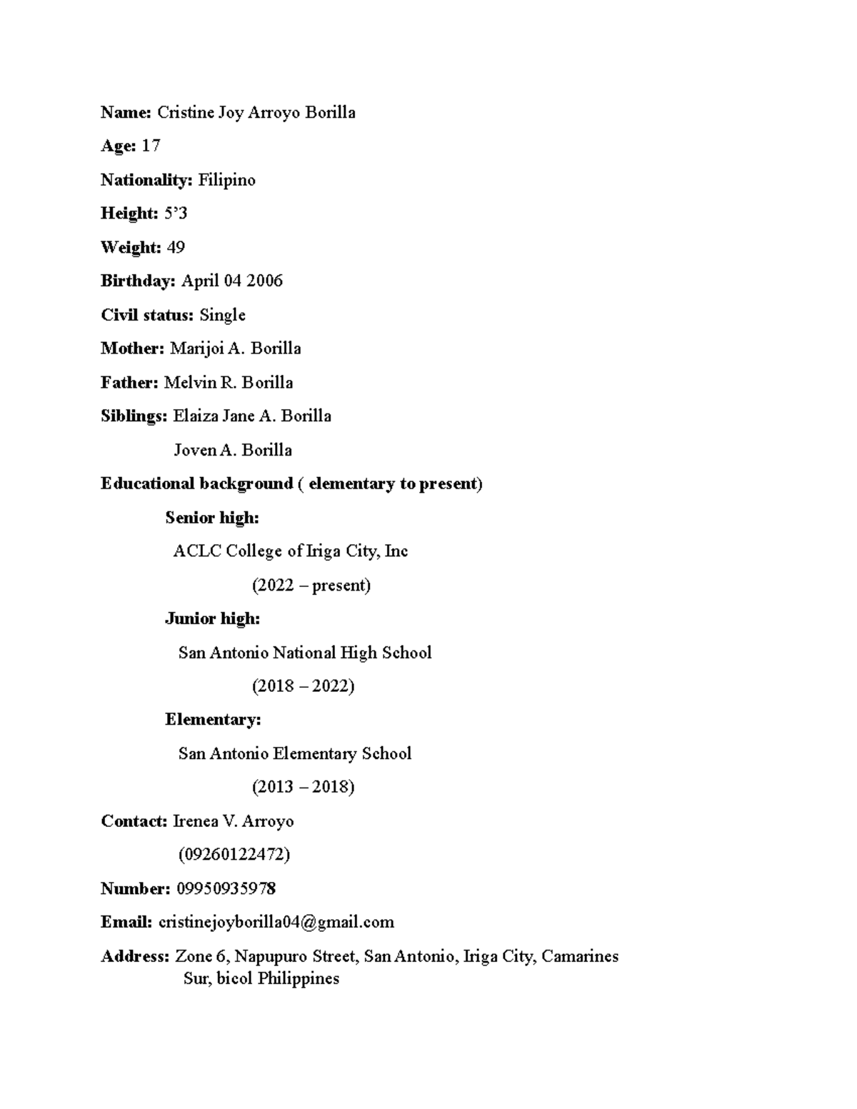 Tintin - wea - Name: Cristine Joy Arroyo Borilla Age: 17 Nationality ...
