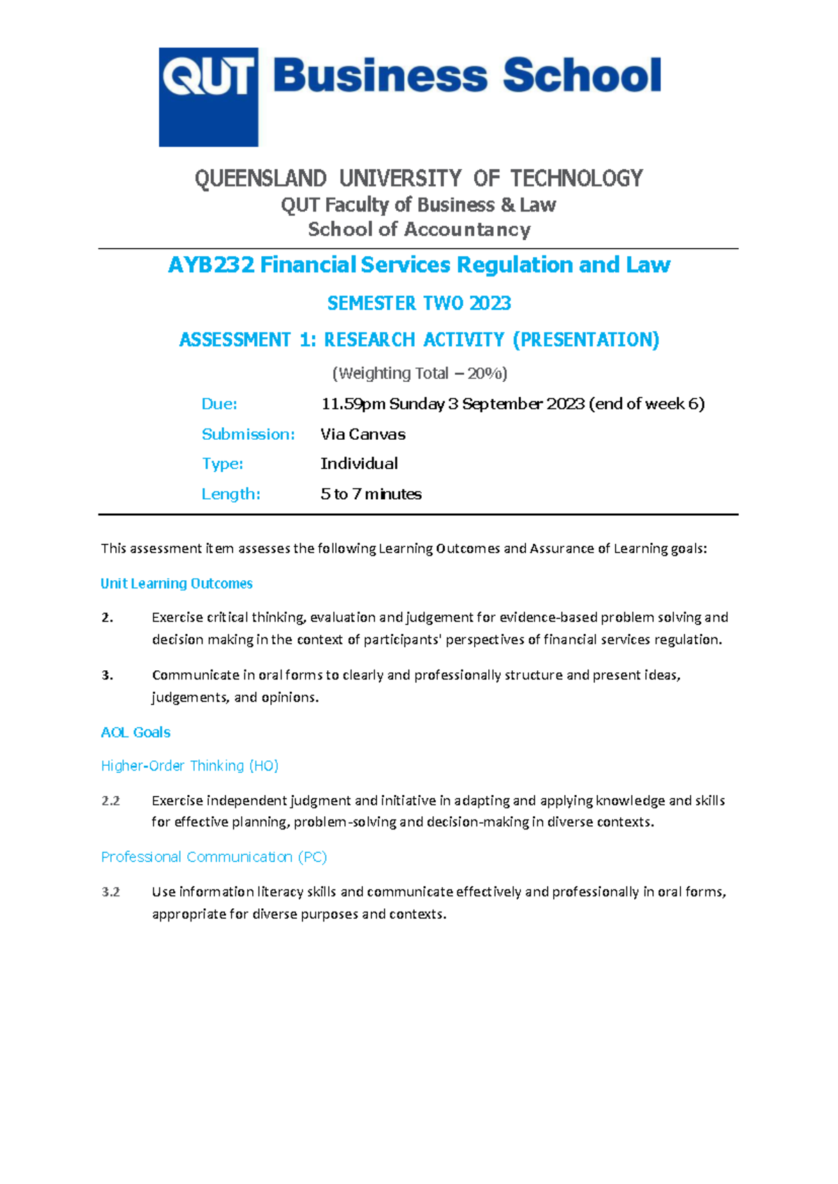 Ass 1 AYB232 Presentation (Task) 2023-Sem2 - QUEENSLAND UNIVERSITY OF ...