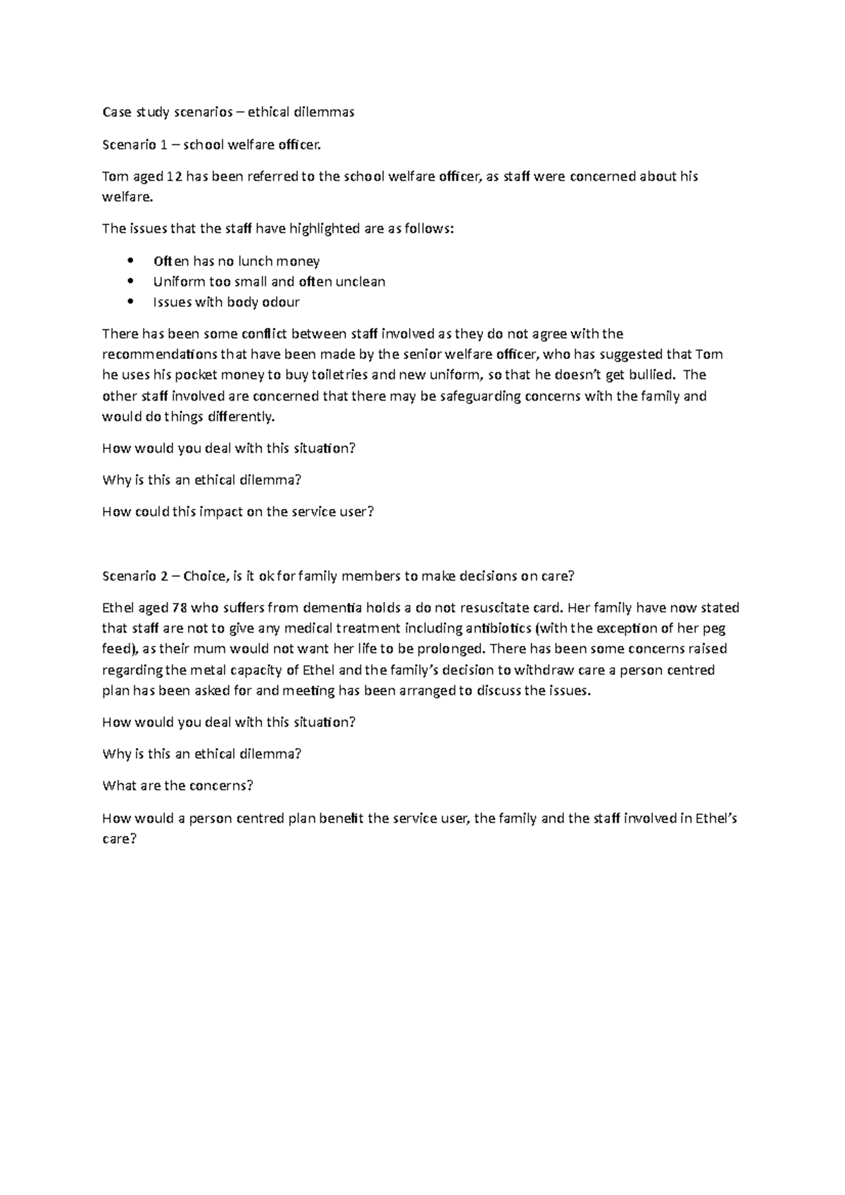 Case study scenarios - ethical dilemmas - Case study scenarios ...