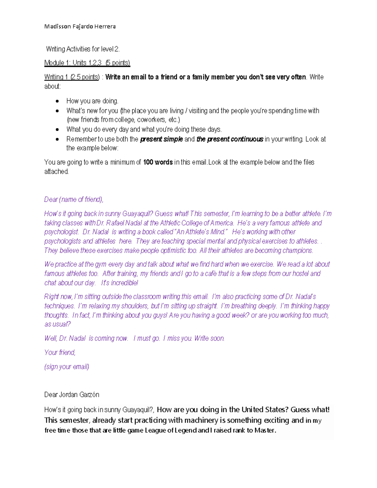 Writing Activities for level 2 - Module 1: Units 1,2,3 (5 points ...