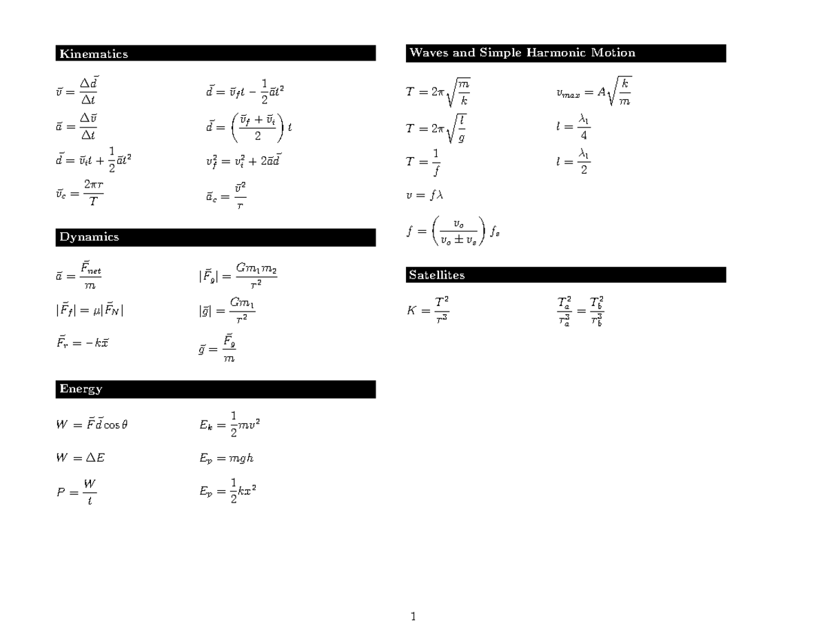 Phys20 formula sheet - Kinematics ~v = ∆ ~ d ∆t ~a = ∆ ~v ∆t ~ d = ~vit ...