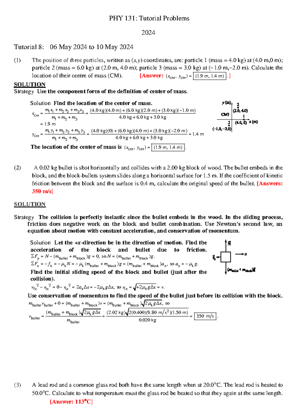 PHY 131 Tutorial 7 - 06 May to 10 May-MEMO - PHY 131: Tutorial Problems 2024 Tutorial 8 : 06 May ...