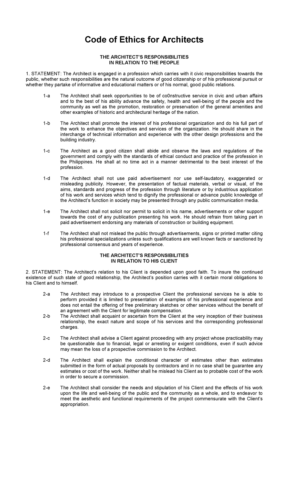 Board of Architecture-Code of Ethics - - Studocu