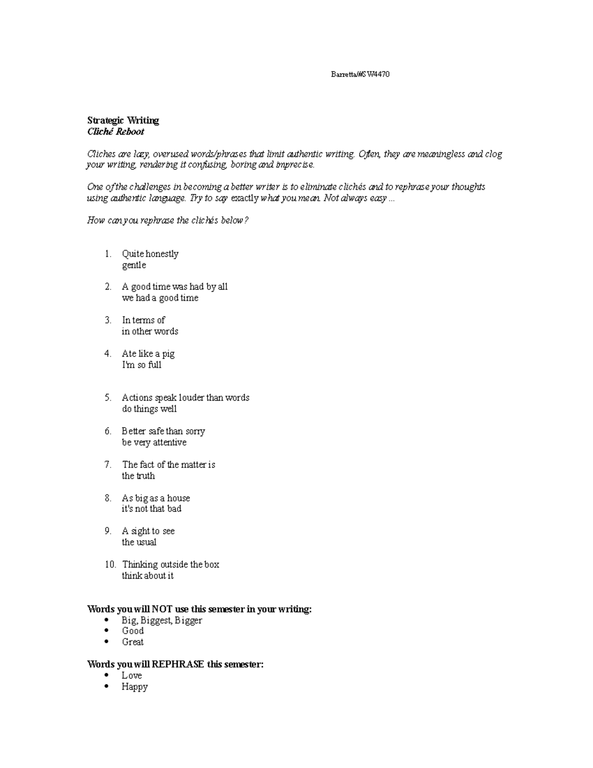 Cliche Reboot - Notes - Barretta/#SW Strategic Writing Cliché Reboot ...