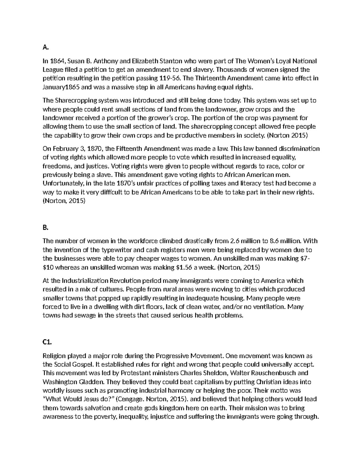 C121 Survey of U.S. History Task 3-Passed - A. In 1864, Susan B ...