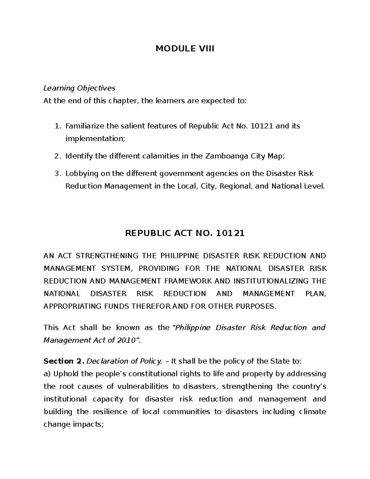 NSTP- Module Lesson-8 - MODULE VIII Learning Objectives At the end of ...