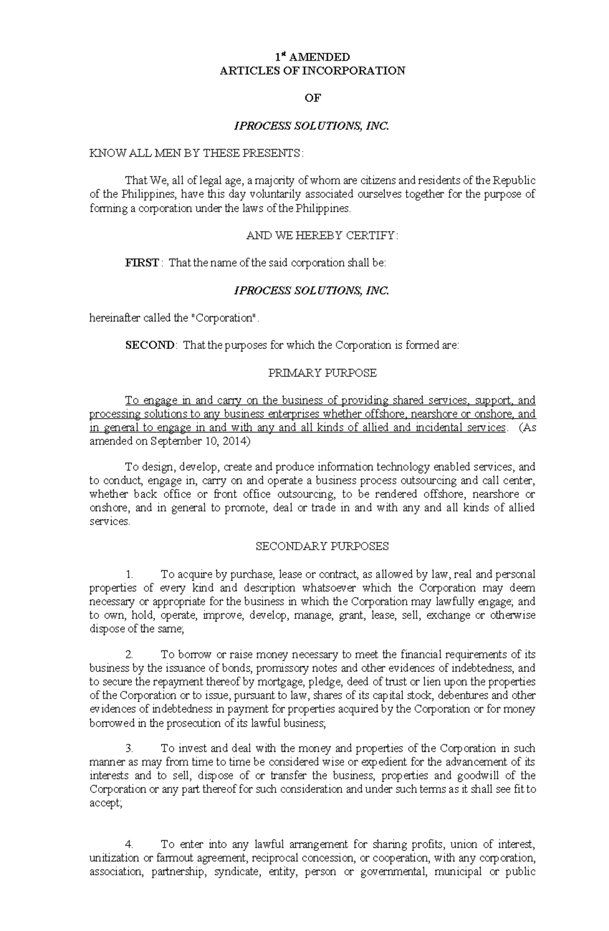 1st Amended Articles of Incorp of 1Process Solution Inc 1 - 1 st ...