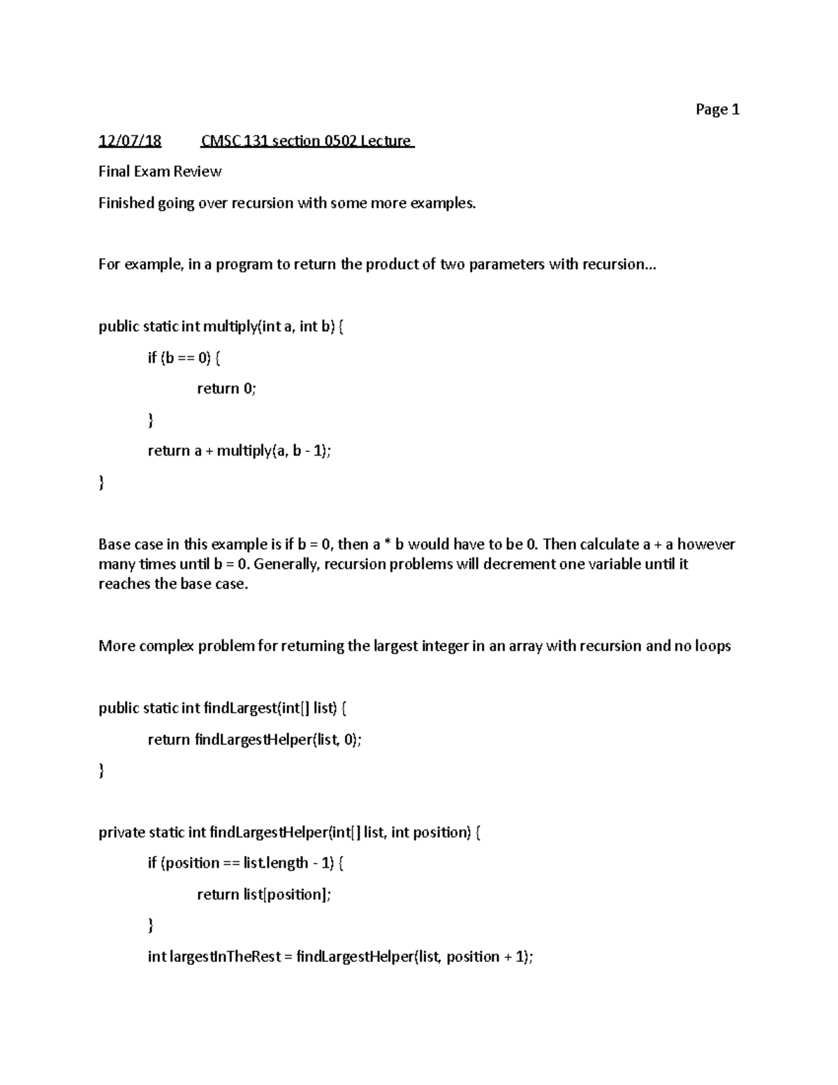 12-7-18 - Lecture notes 43 - Page 1 12/07/18 CMSC 131 section 0502 ...