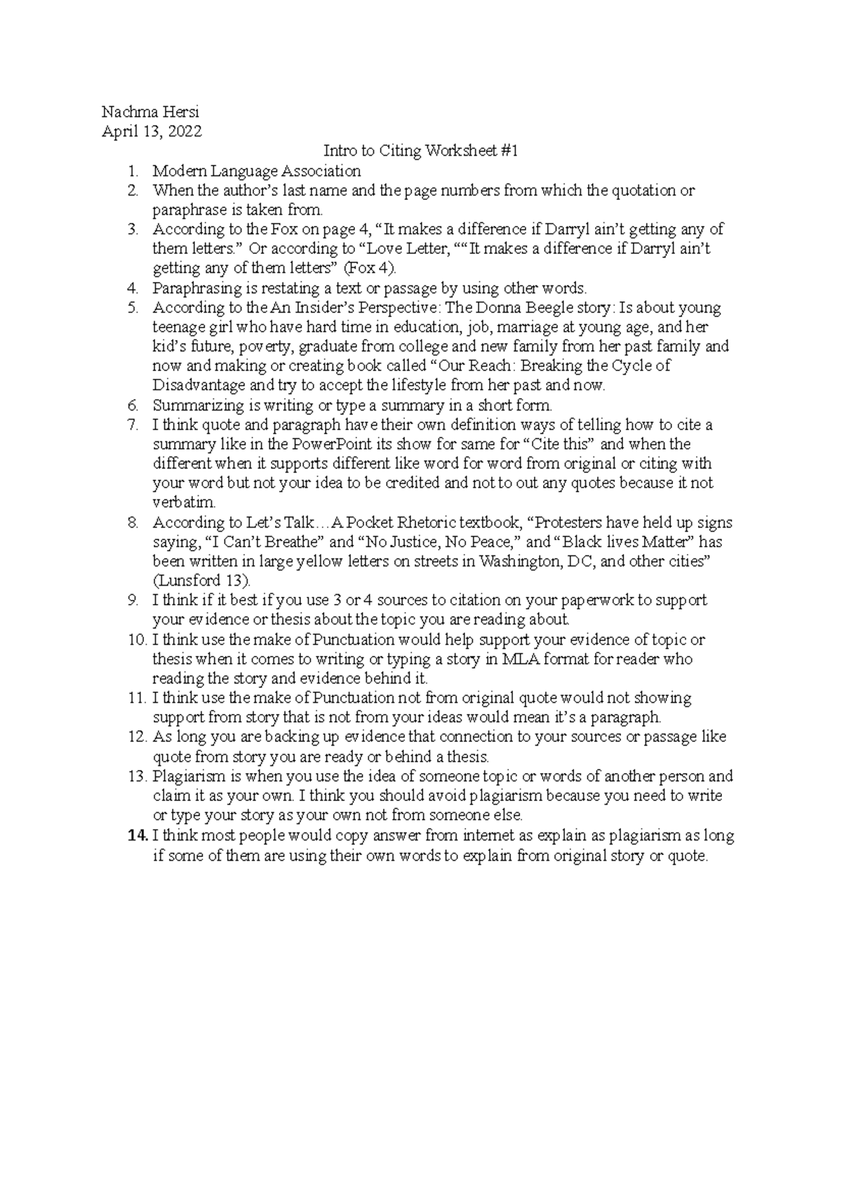 NH Intro to Citing worksheet #1 - Nachma Hersi April 13, 2022 Intro to Citing Worksheet # Modern ...
