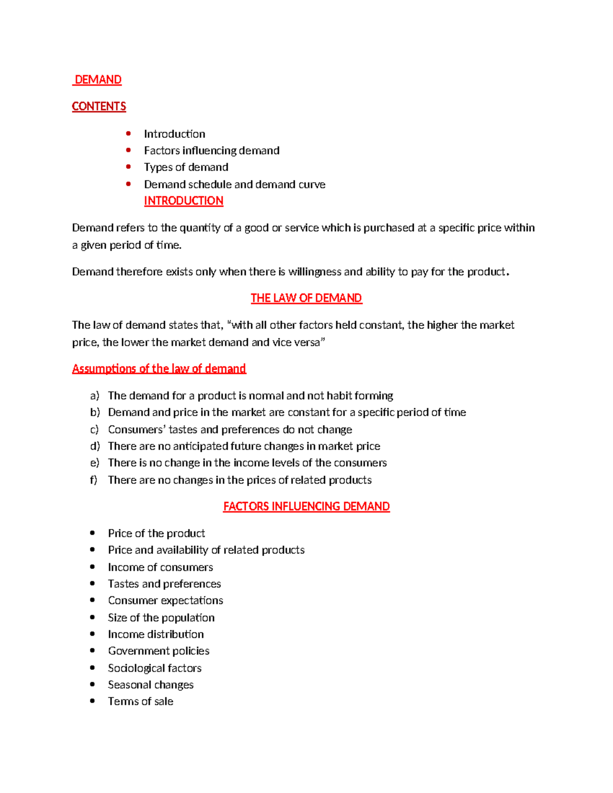 Demand - entrepreneurship notes - DEMAND CONTENTS Introduction Factors ...