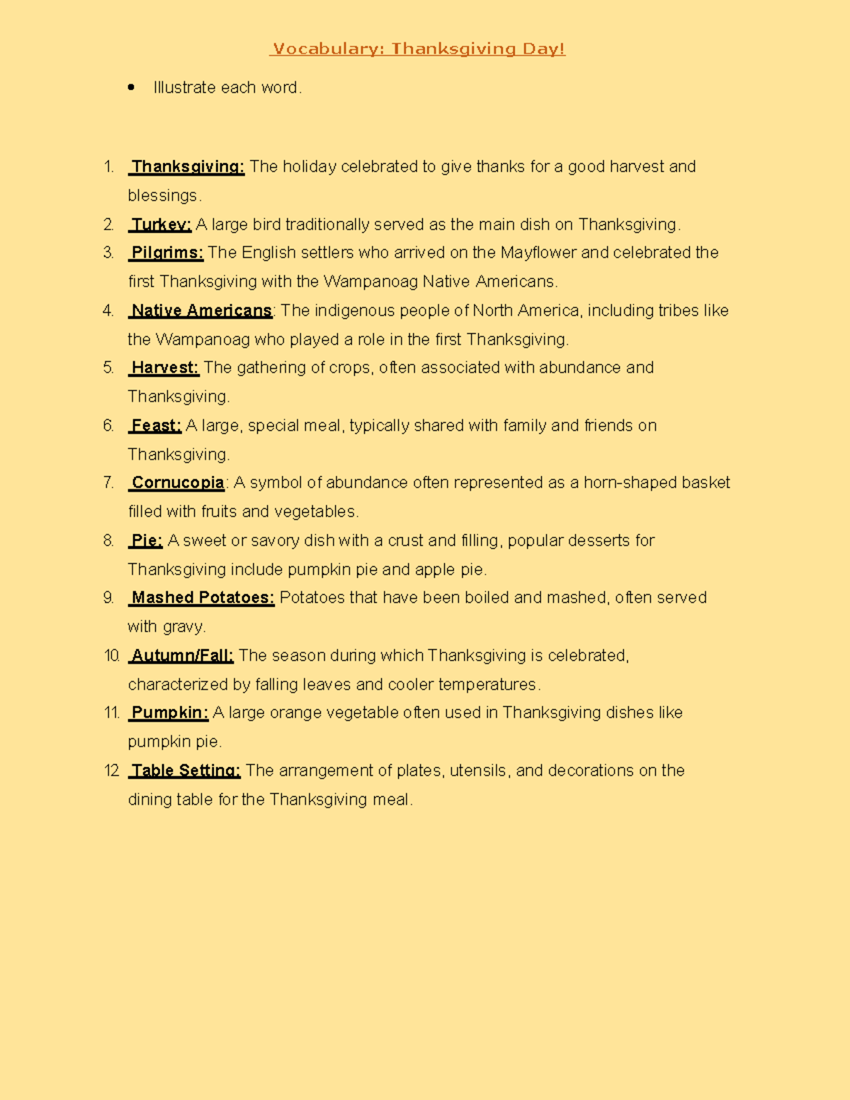 Vocabulary thanksgiving - Thanksgiving: The holiday celebrated to give ...