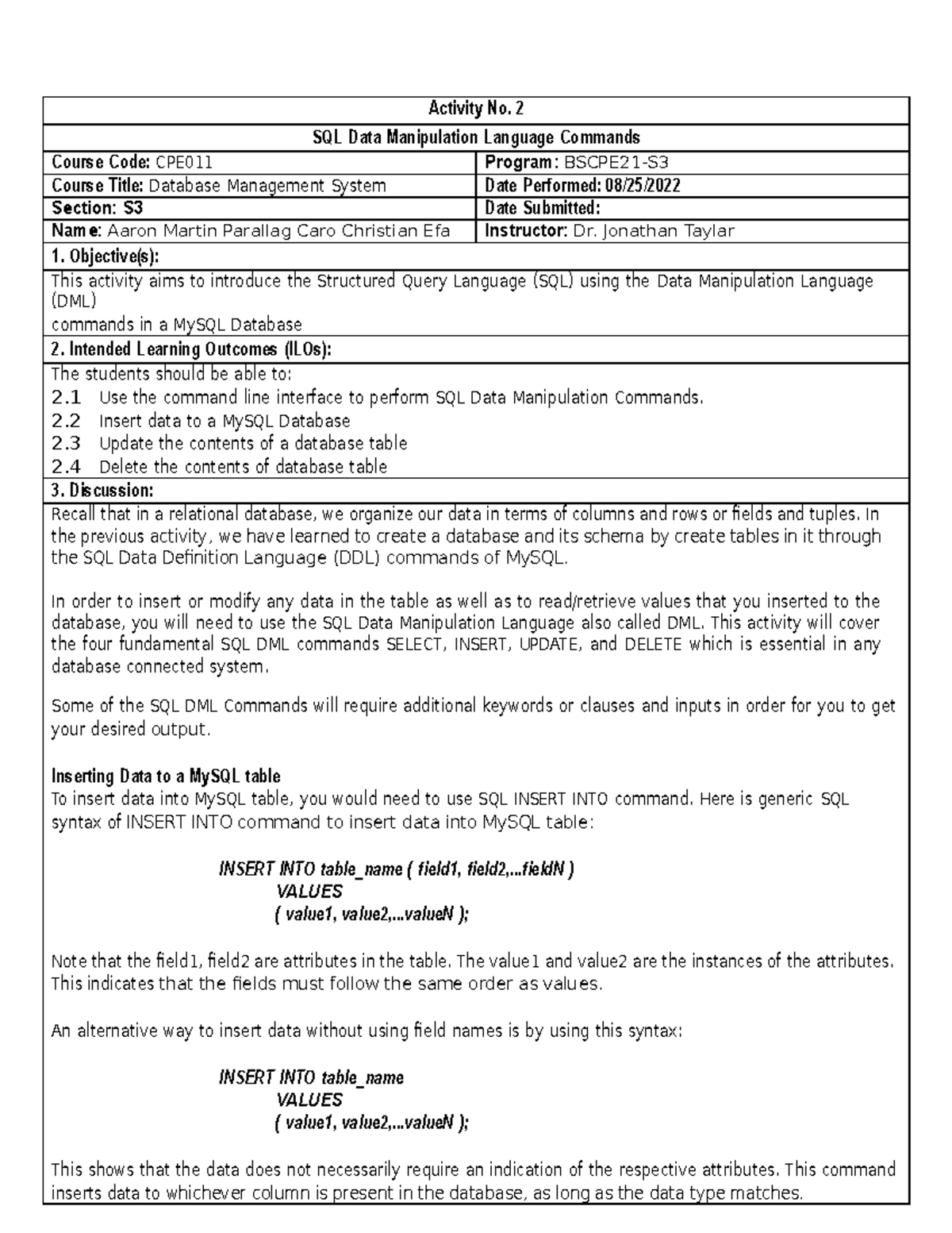 HOA-2 - YEA - Activity No. 2 SQL Data Manipulation Language Commands Course Code: CPE011 Program ...