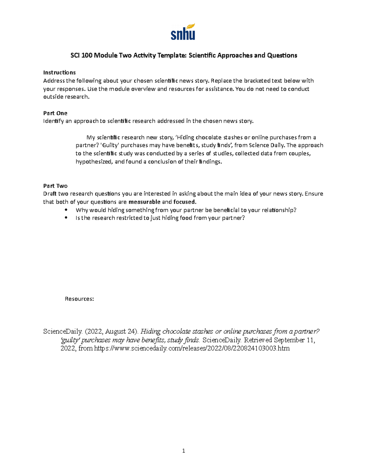 SCI 100 Module Two Activity Casey Bellis - SCI 100 Module Two Activity ...
