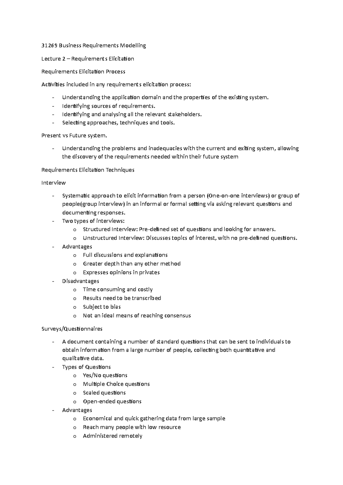 31269 Business Requirements Modelling Notes (Lec 2 & 3) - 31269 ...
