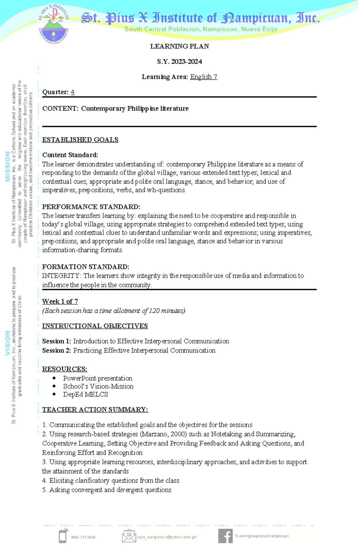 Lp grade 7 Q4 week 1 - lesson plan - LEARNING PLAN S. 2023- Learning ...