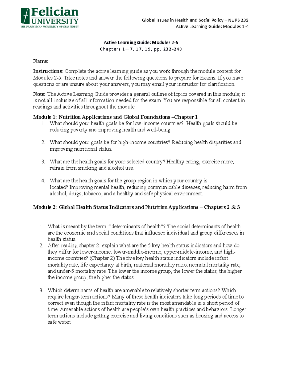 Active Learning Guide NURS235 - Active Learning Guide: Modules 1 ...