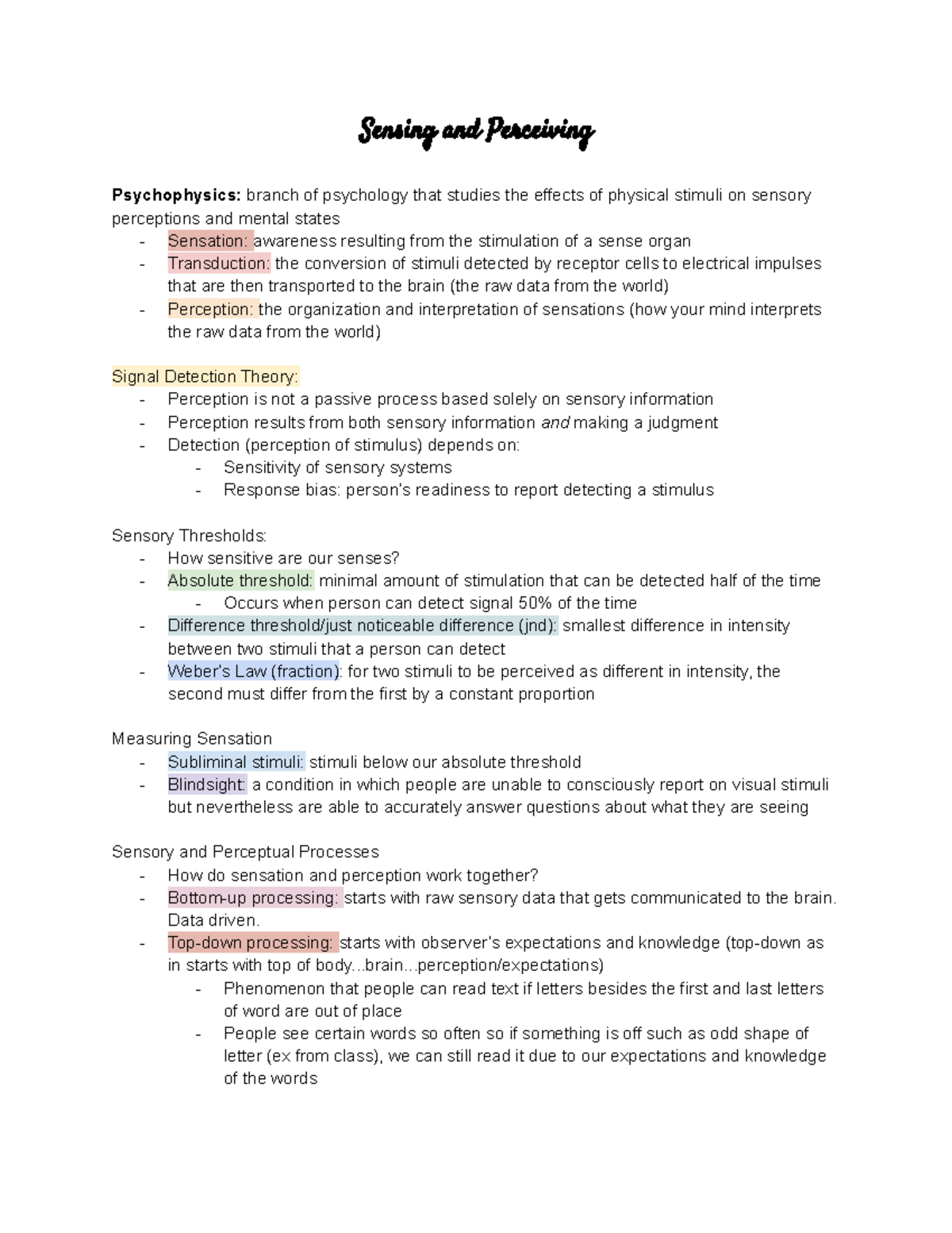 Ch. 4 Sensing and Perceiving - Sensing and Perceiving Psychophysics ...