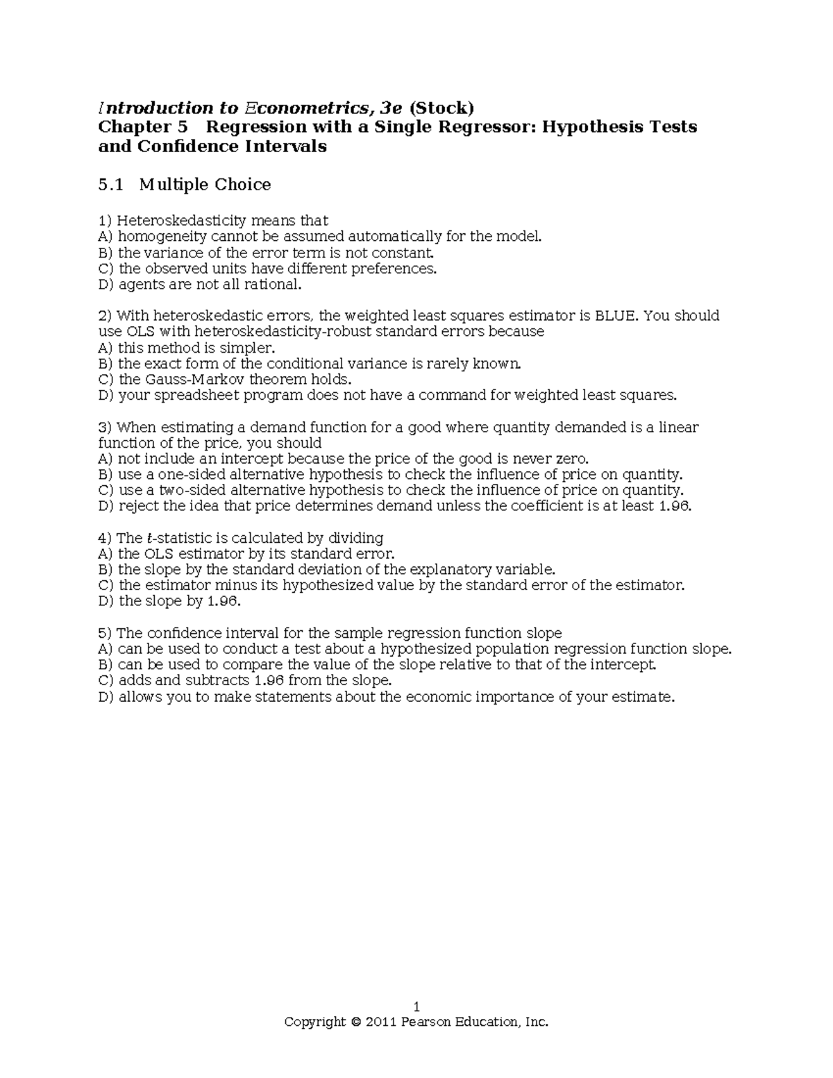 Chapter 5 - Introduction to Econometrics, 3e (Stock) Chapter 5 Regression with a Single ...