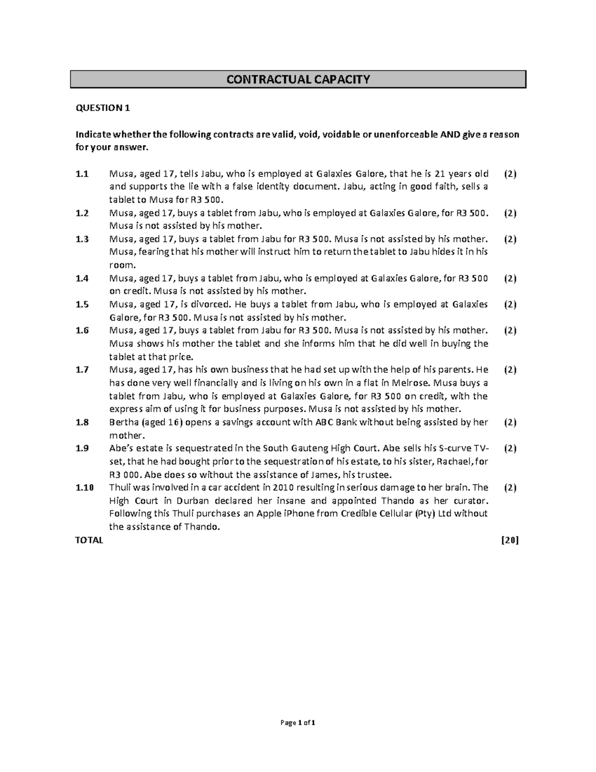 Contractual capacity - CONTRACTUAL CAPACITY QUESTION 1 Indicate whether ...