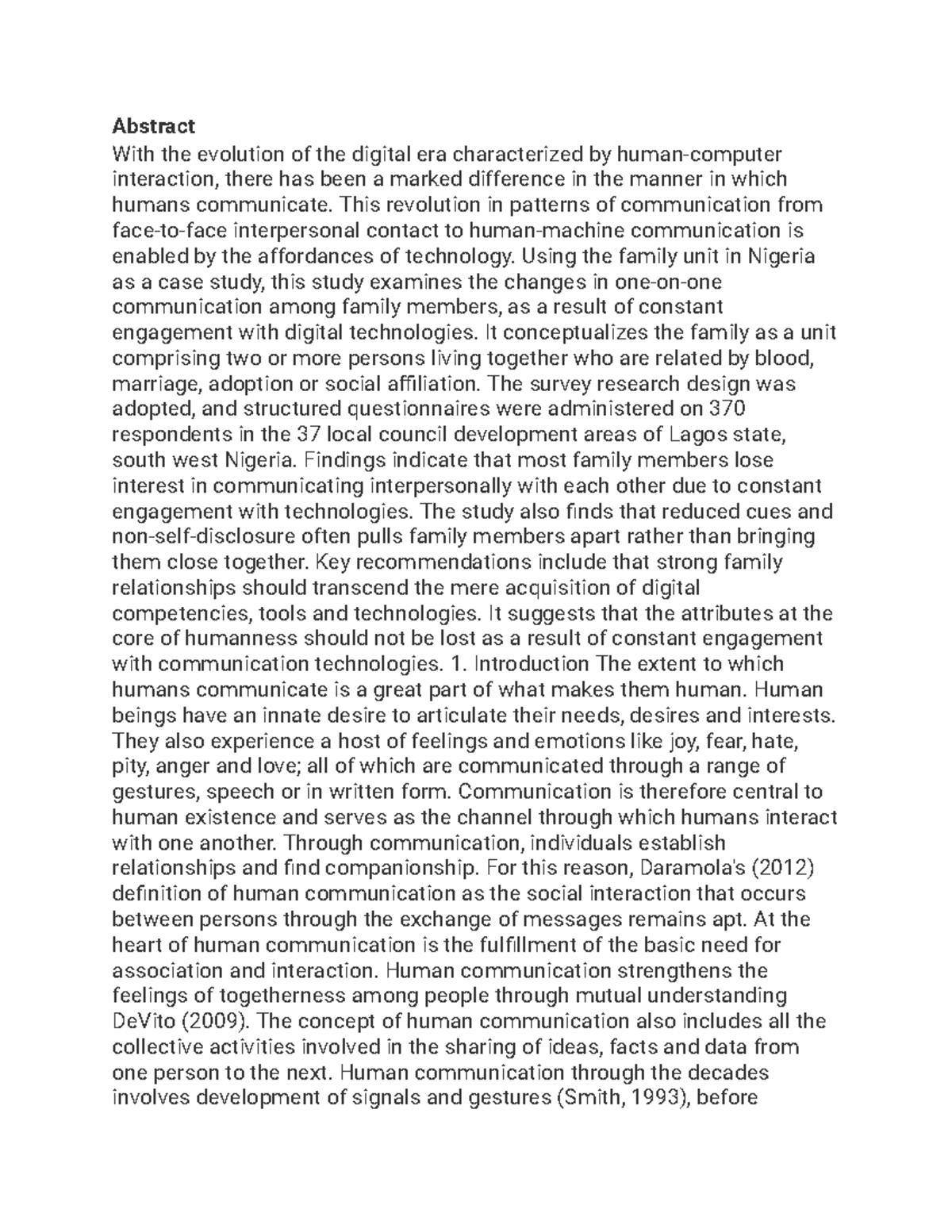 Untitled document - Essay on interpersonal communication - Abstract ...