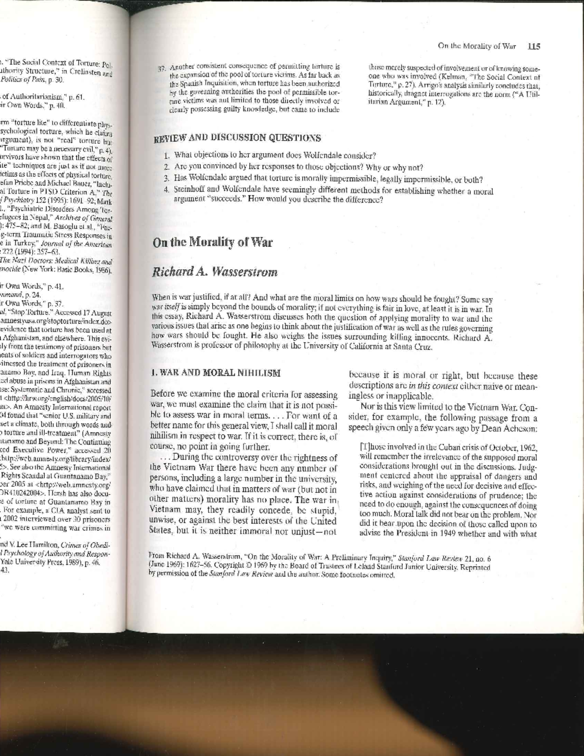 Wasserstrom on War and Morality - On the Morality of War 115 1, Social ...