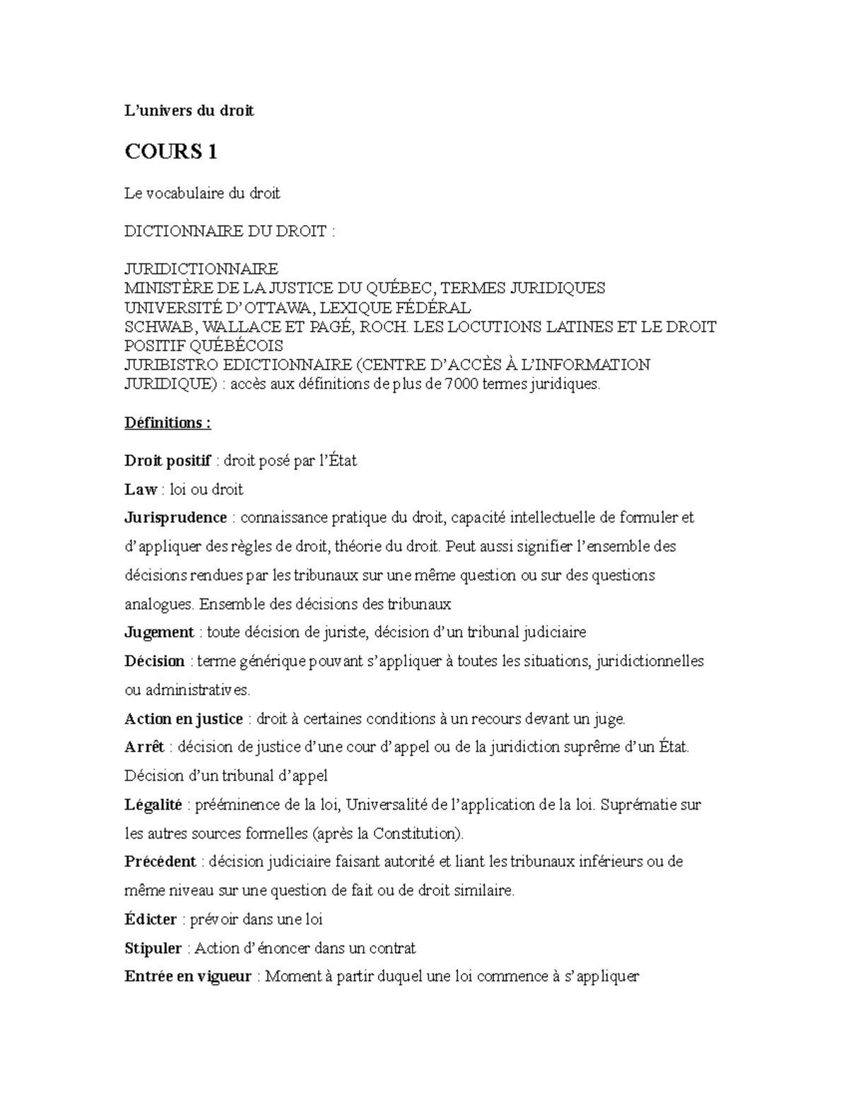 L'univers du droits - L’univers du droit COURS 1 Le vocabulaire du droit DICTIONNAIRE DU DROIT ...