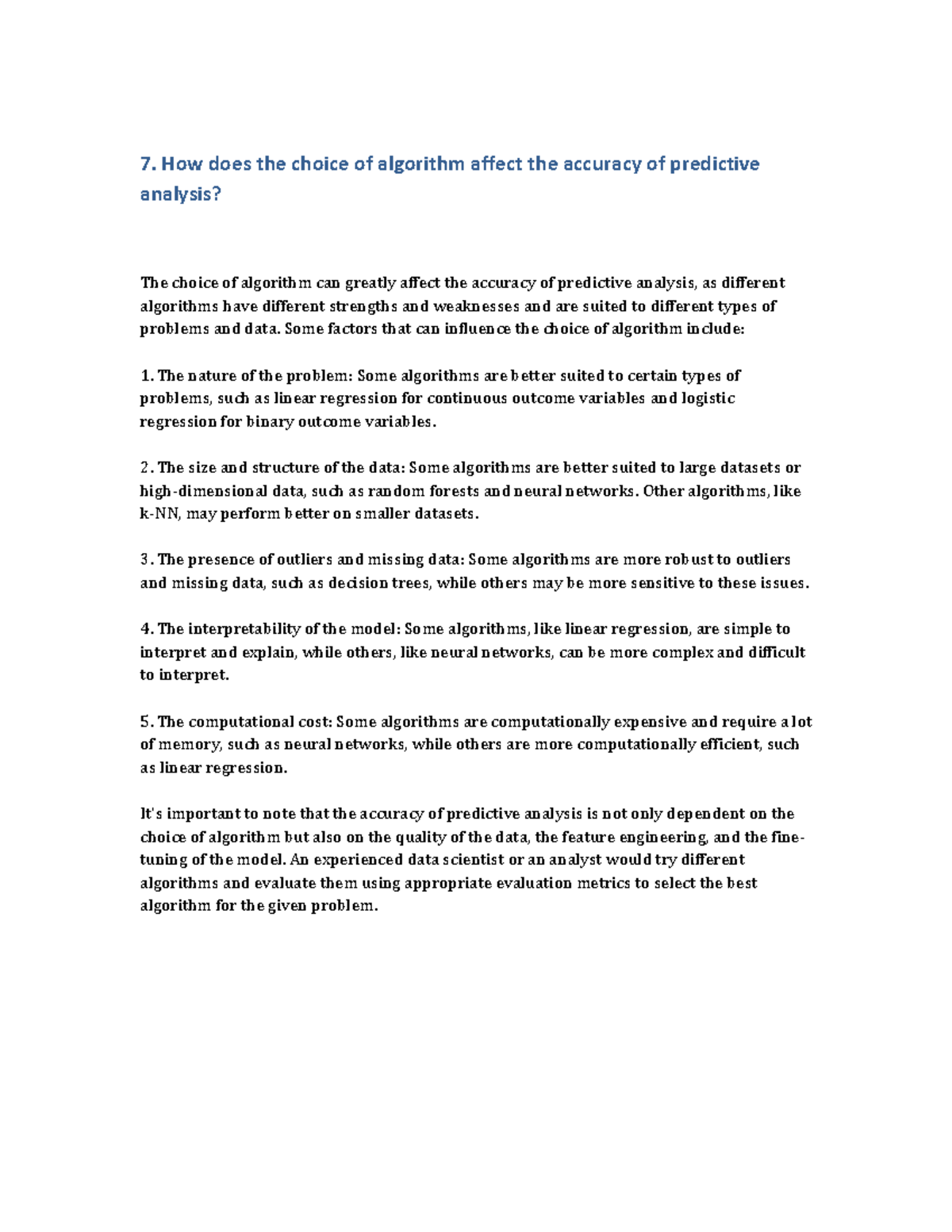 Predictive analysis 2 - 7. How does the choice of algorithm affect the ...