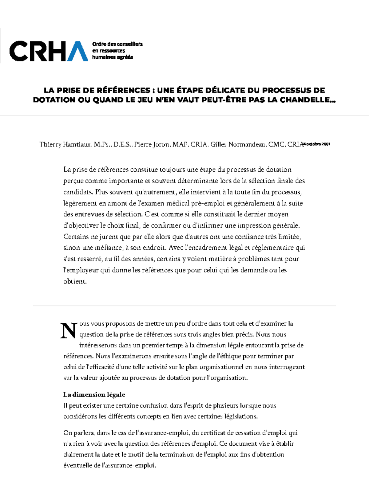La prise de références une étape délicate du processus de dotation ou ...
