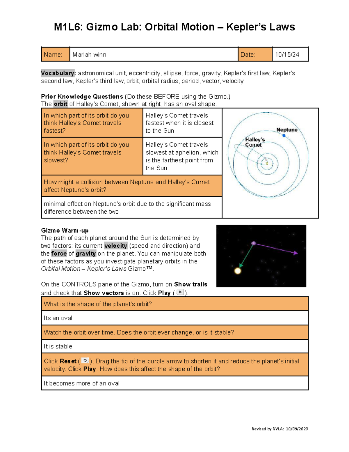 Copy of M1 L6 Gizmo Lab Orbital Motion - Keplers Laws - Name: Mariah ...
