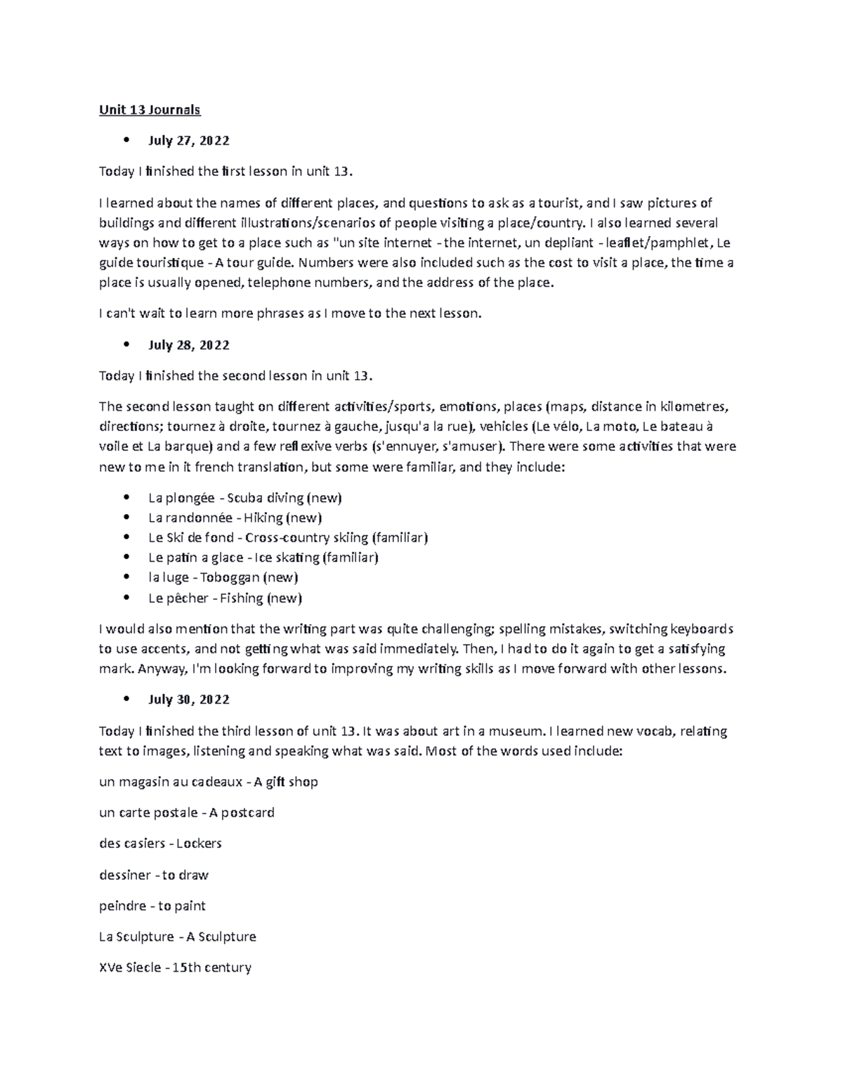French 12 Journals - Unit 13 Journals July 27, 2022 Today I finished ...
