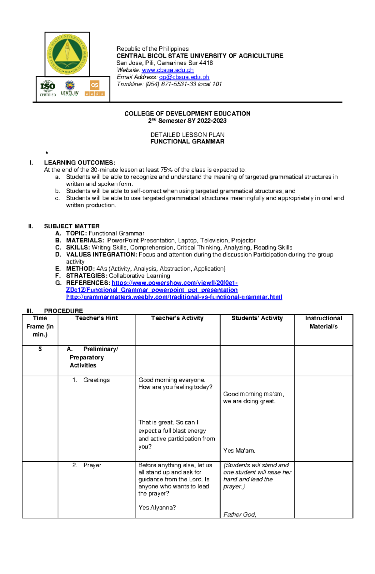 Liezel Esquerra BSED-2A Functional- Grammar LP - Republic of the Philippines CENTRAL BICOL STATE ...