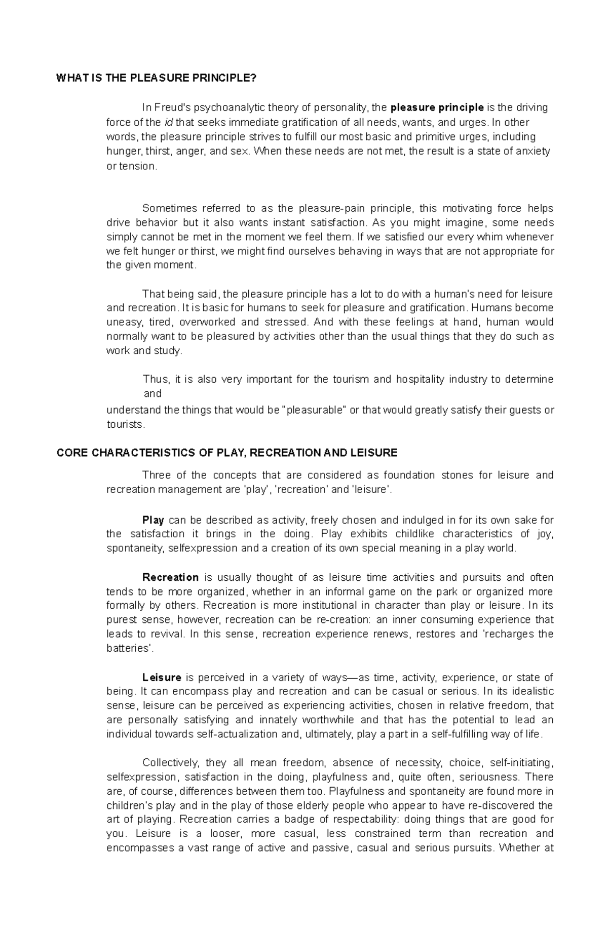 Recreation and Leisure Management Notes 2 - WHAT IS THE PLEASURE ...
