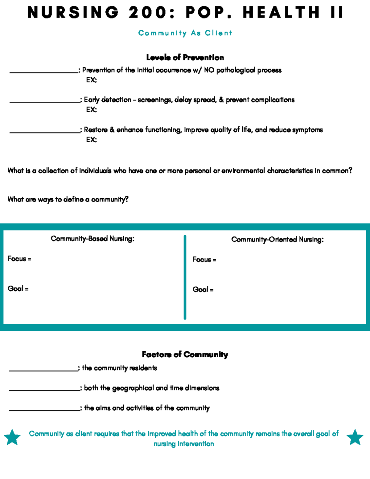 Community as Client Worksheet - Community-Based Nursing: Focus = Goal ...