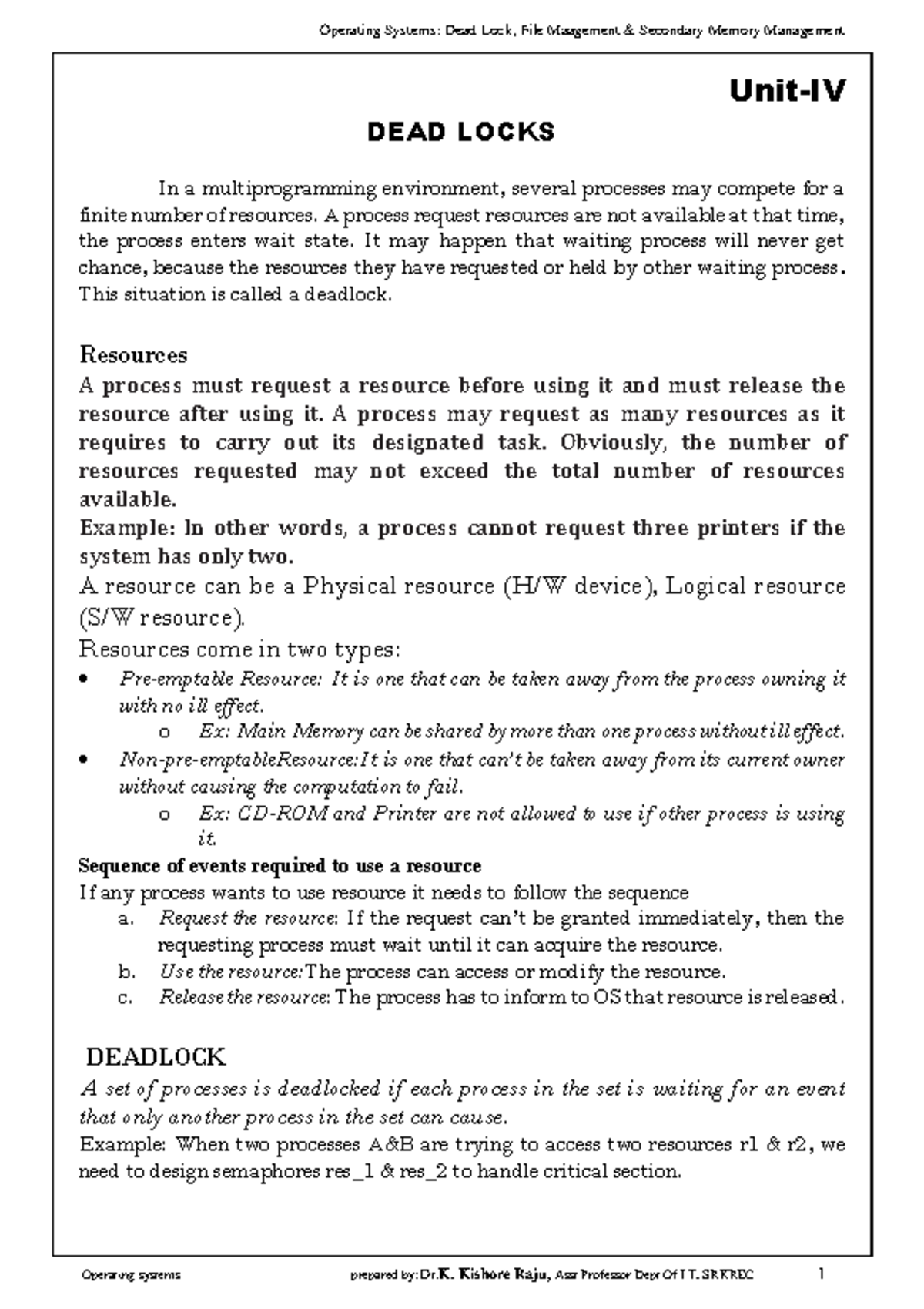 OS-Chapter-4 - os pdf pdf - Unit-IV DEAD LOCKS In a multiprogramming ...
