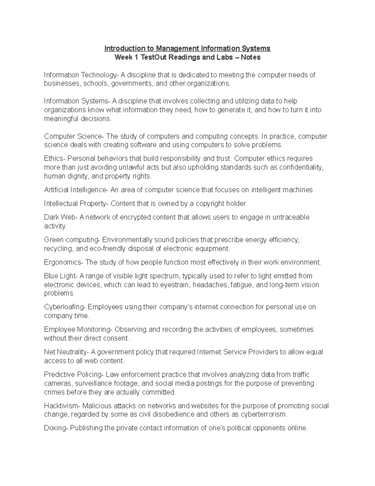 CIS109 Week1Labs Notes - Introduction to Management Information Systems ...