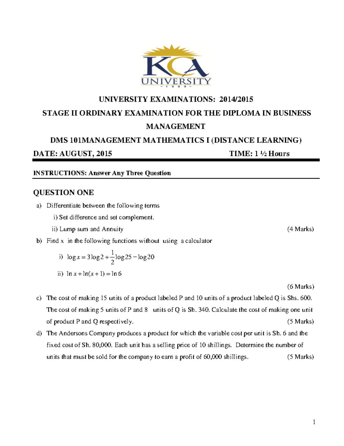 DMS 101 Management Mathematics I Mandatory Assignment by Dr.stephen ...