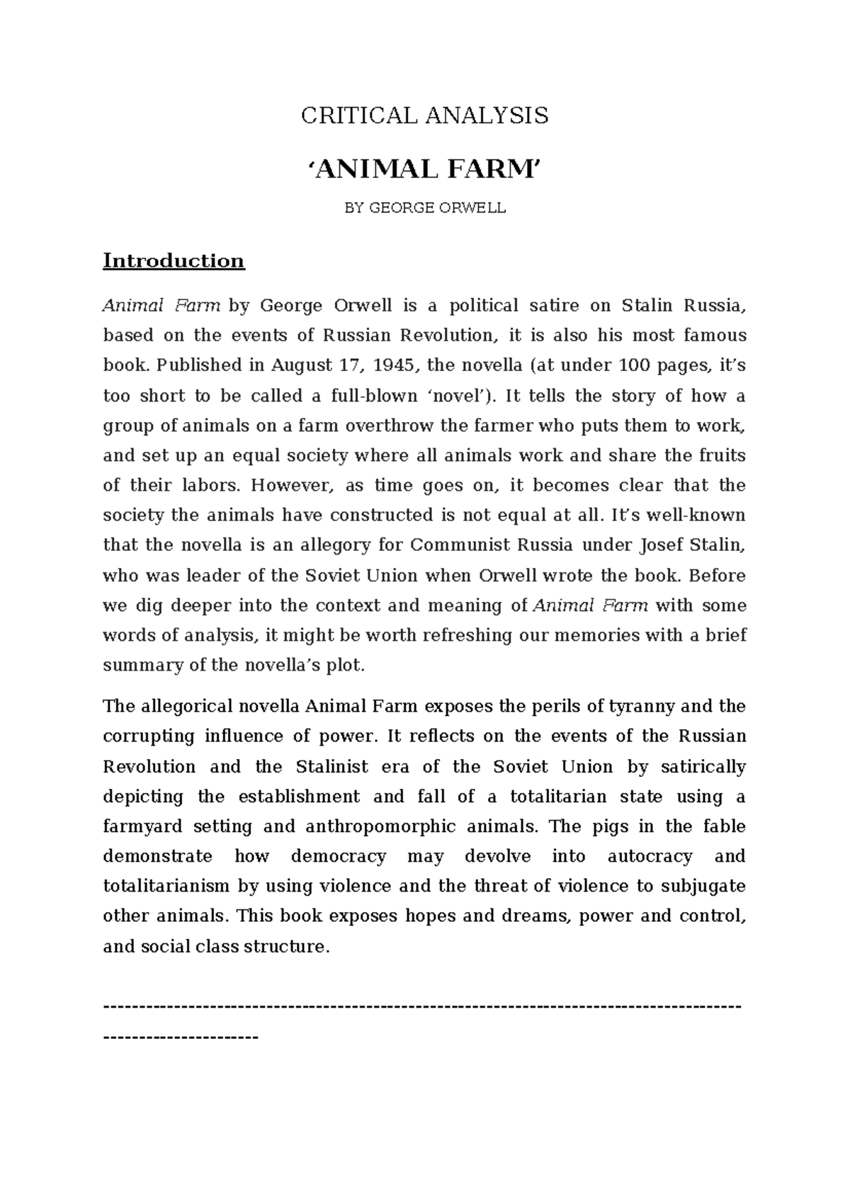 Critical Analysis - CRITICAL ANALYSIS ‘ANIMAL FARM’ BY GEORGE ORWELL ...
