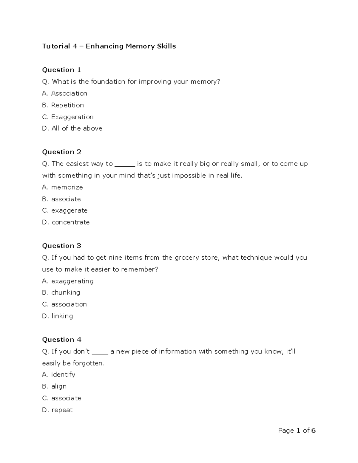 Tutorial 4 - Enhancing Memory Skills - Tutorial 4 – Enhancing Memory ...