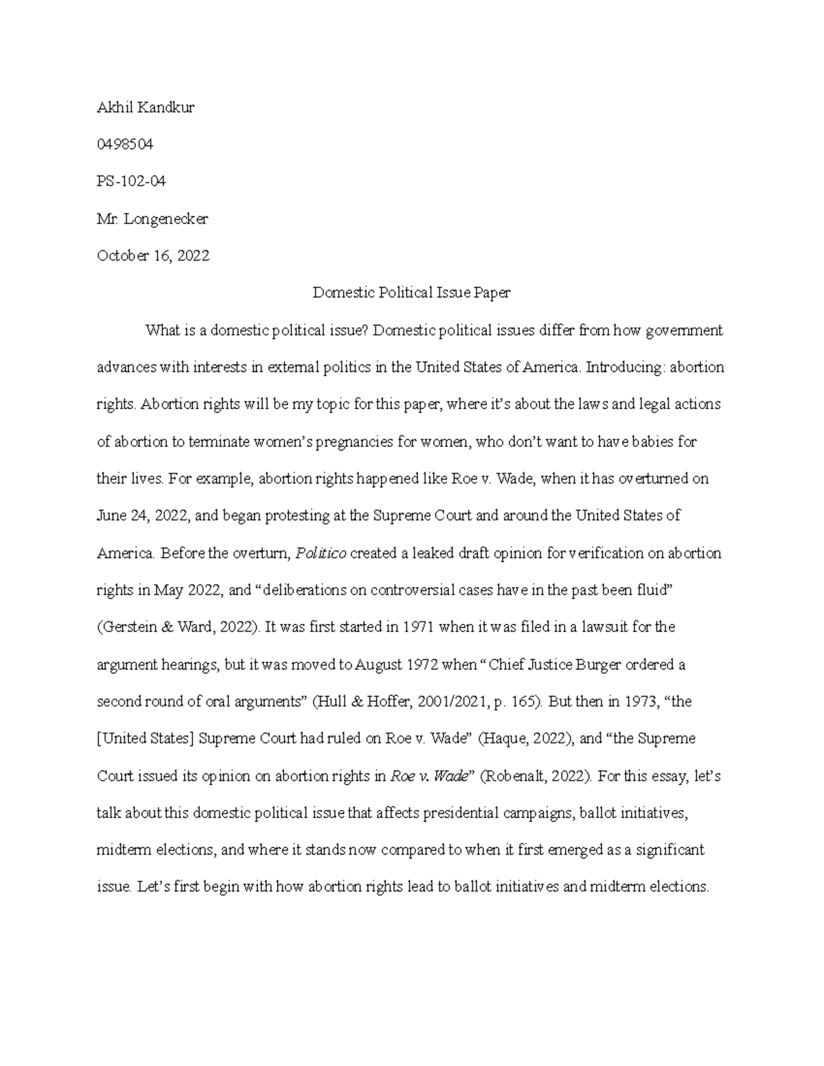 Akhil Kandkur Domestic Political Issue Paper - Akhil Kandkur 0498504 PS ...