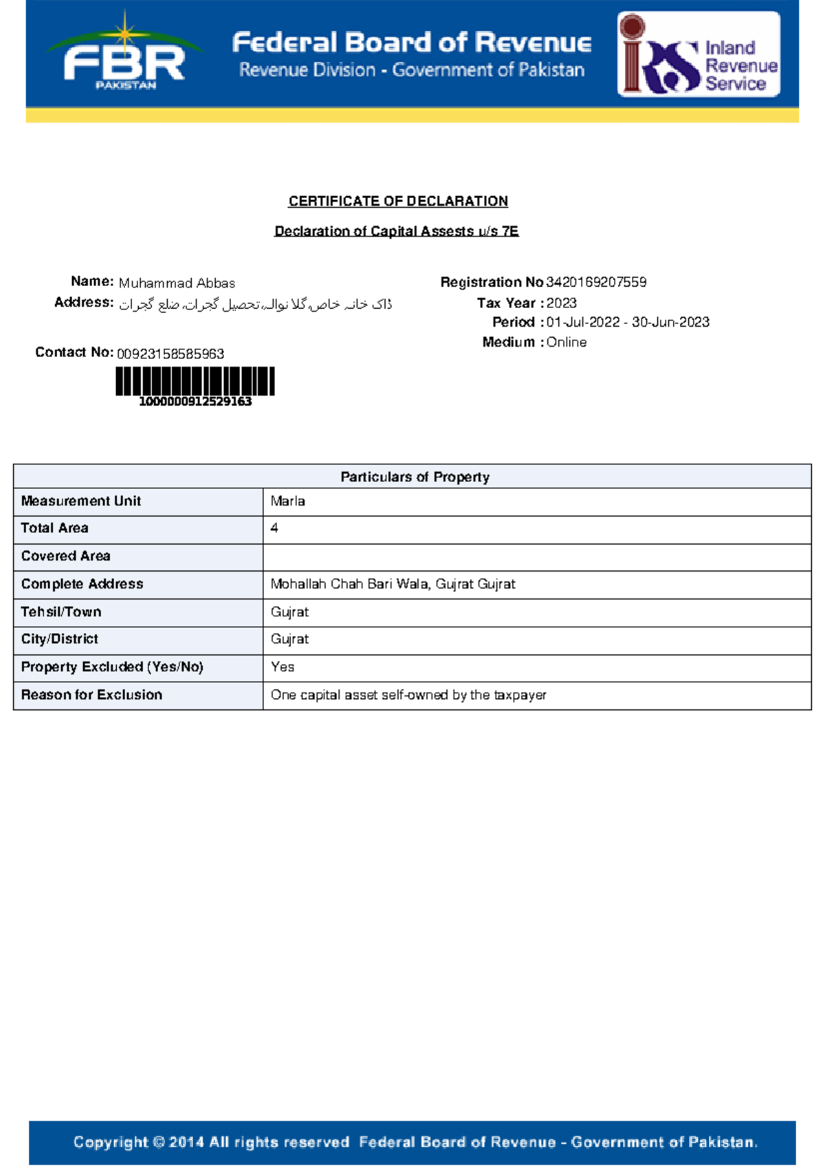 Capital Assets 7E Report (28) - CERTIFICATE OF DECLARATION Name ...