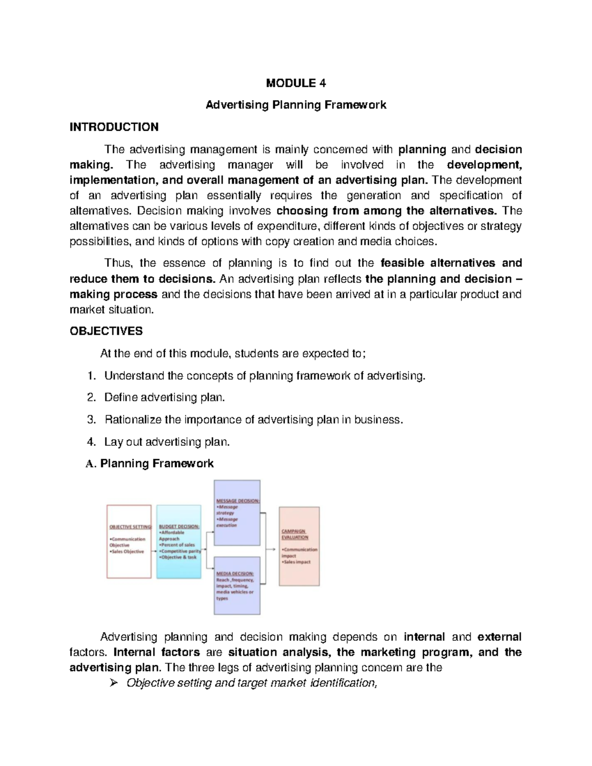 Module-4 - Module 4 feasib - MODULE 4 Advertising Planning Framework INTRODUCTION The ...