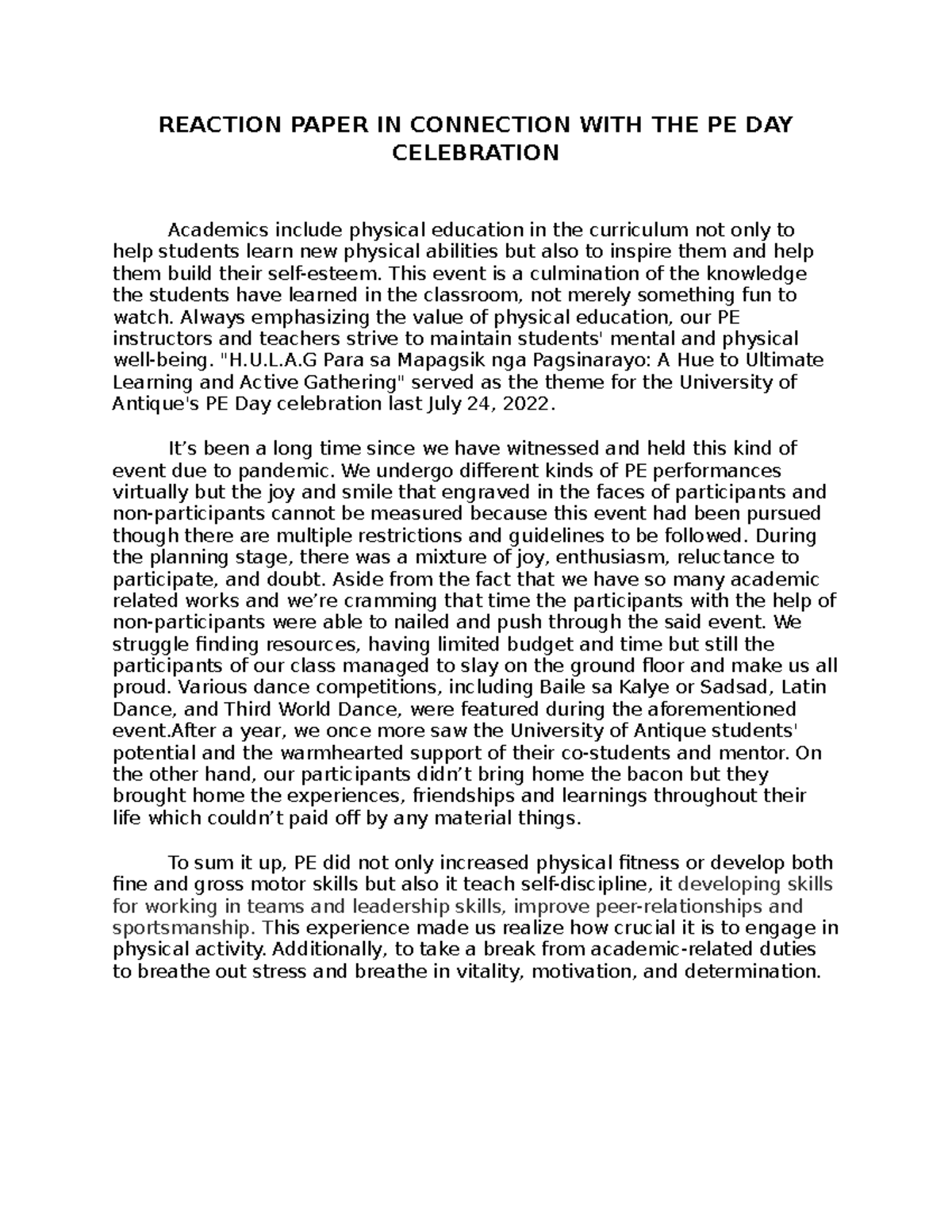 Reaction- Paper - REACTION PAPER IN CONNECTION WITH THE PE DAY ...