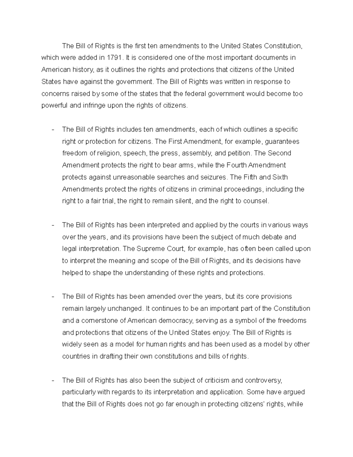 Bill of Rights Notes - The Bill of Rights is the first ten amendments ...