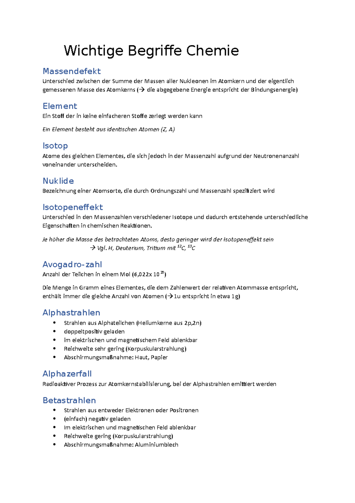 Definitionen Chemie OC - Wichtige Begriffe Chemie Massendefekt ...