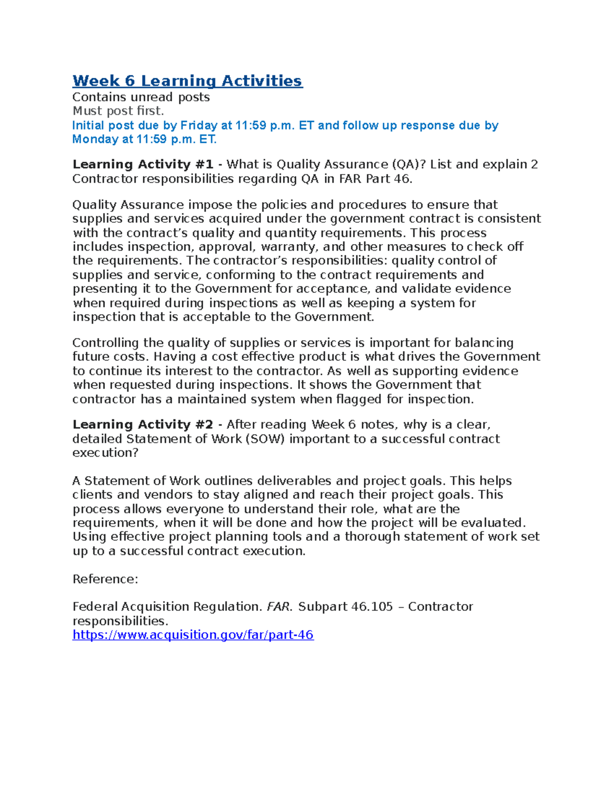 BMGT 339 Week 6 Learning Activity - Week 6 Learning Activities Contains unread posts Must post ...