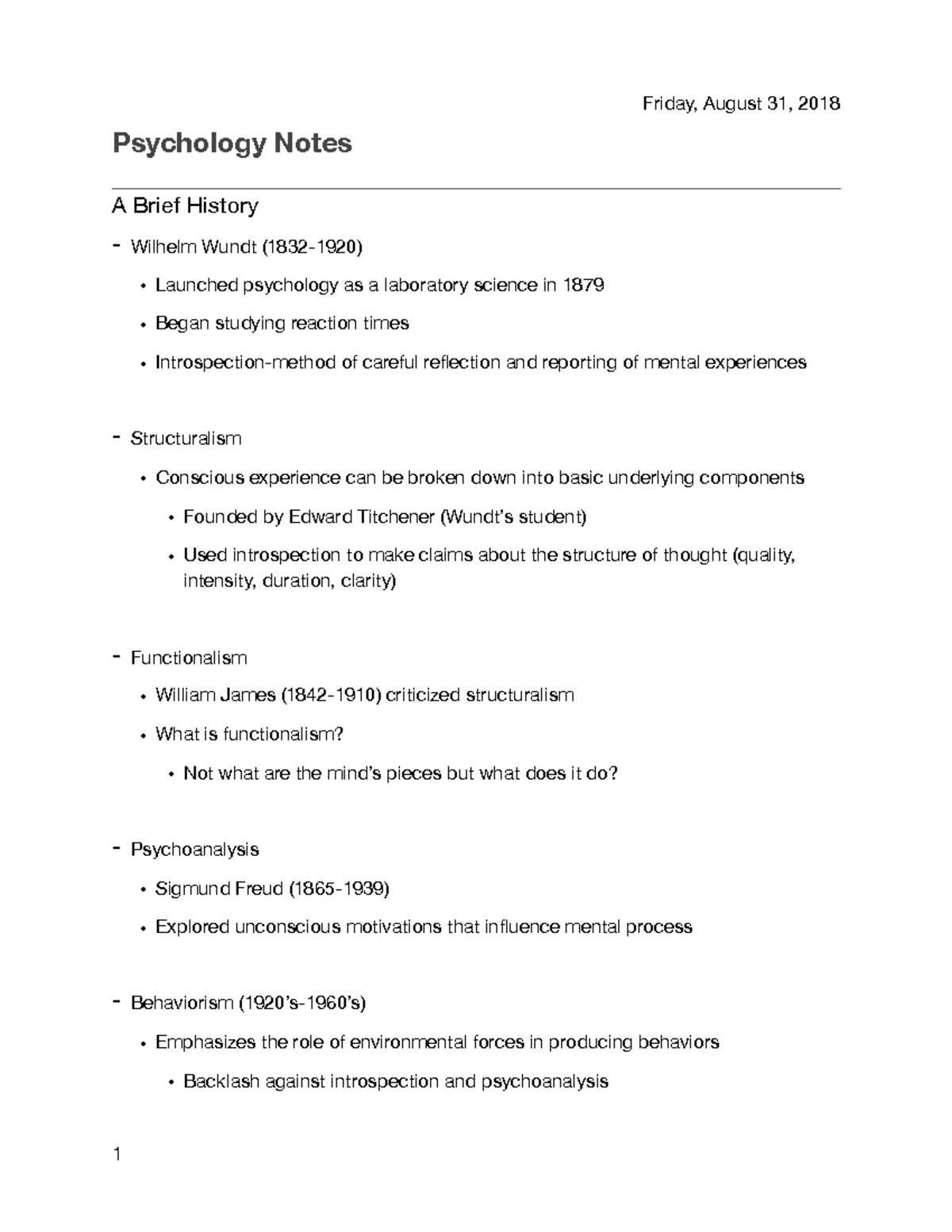Psychology Notes-A Brief History - Friday, August 31, 2018 Psychology ...