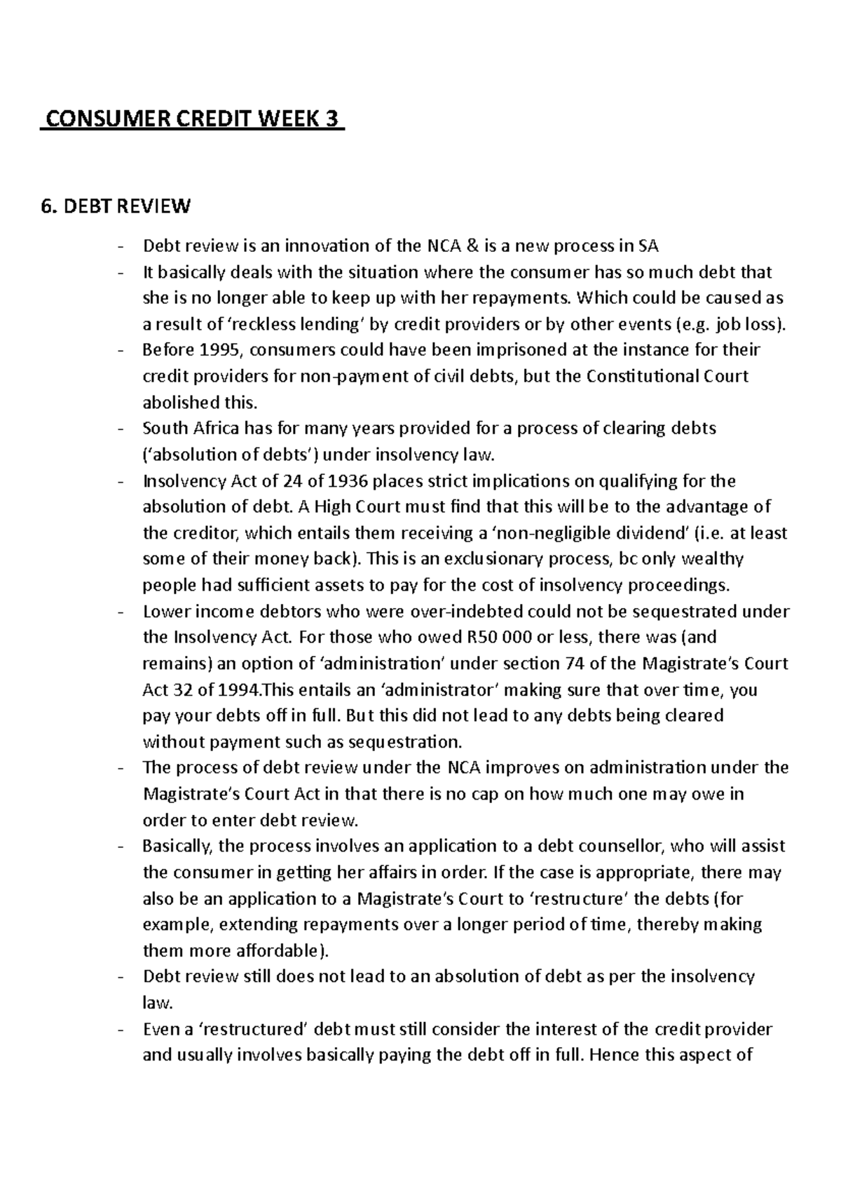 3. Consumer Credit WEEK 3 - CONSUMER CREDIT WEEK 3 6. DEBT REVIEW Debt ...